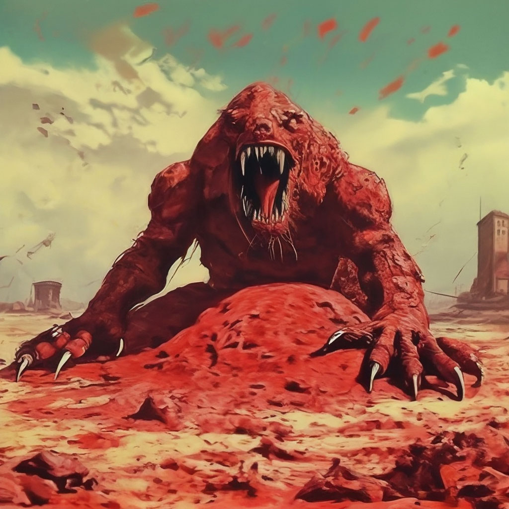 "A paralyzed huge mutant monster lies in a pile of red clay. post ...