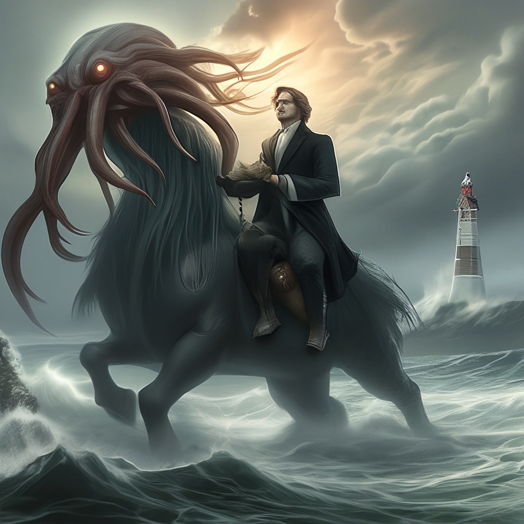 "The writer Lovecraft rides Cthulhu like a horse against the background ...