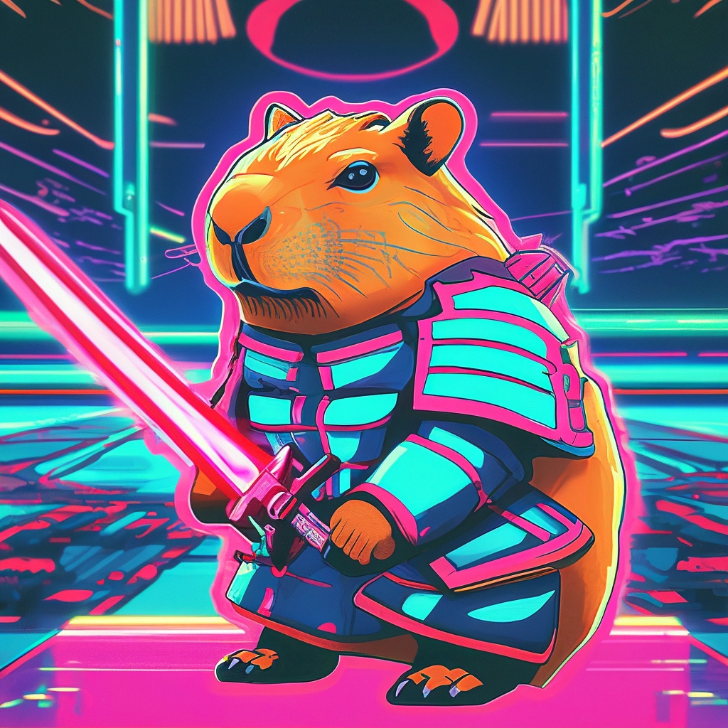 "Capybara in anime with a sword and red eyes" — image created in Shedevrum