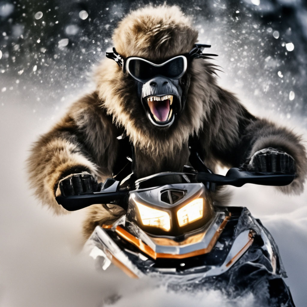 "Yeti in ski goggles on a snowmobile realism high detail" — image ...