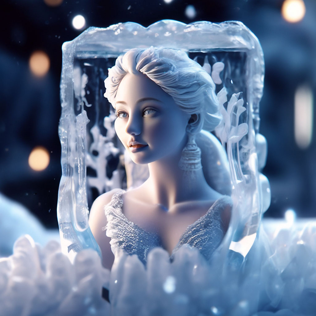"Snow maiden frozen inside an ice cube, aesthetically pleasing ...