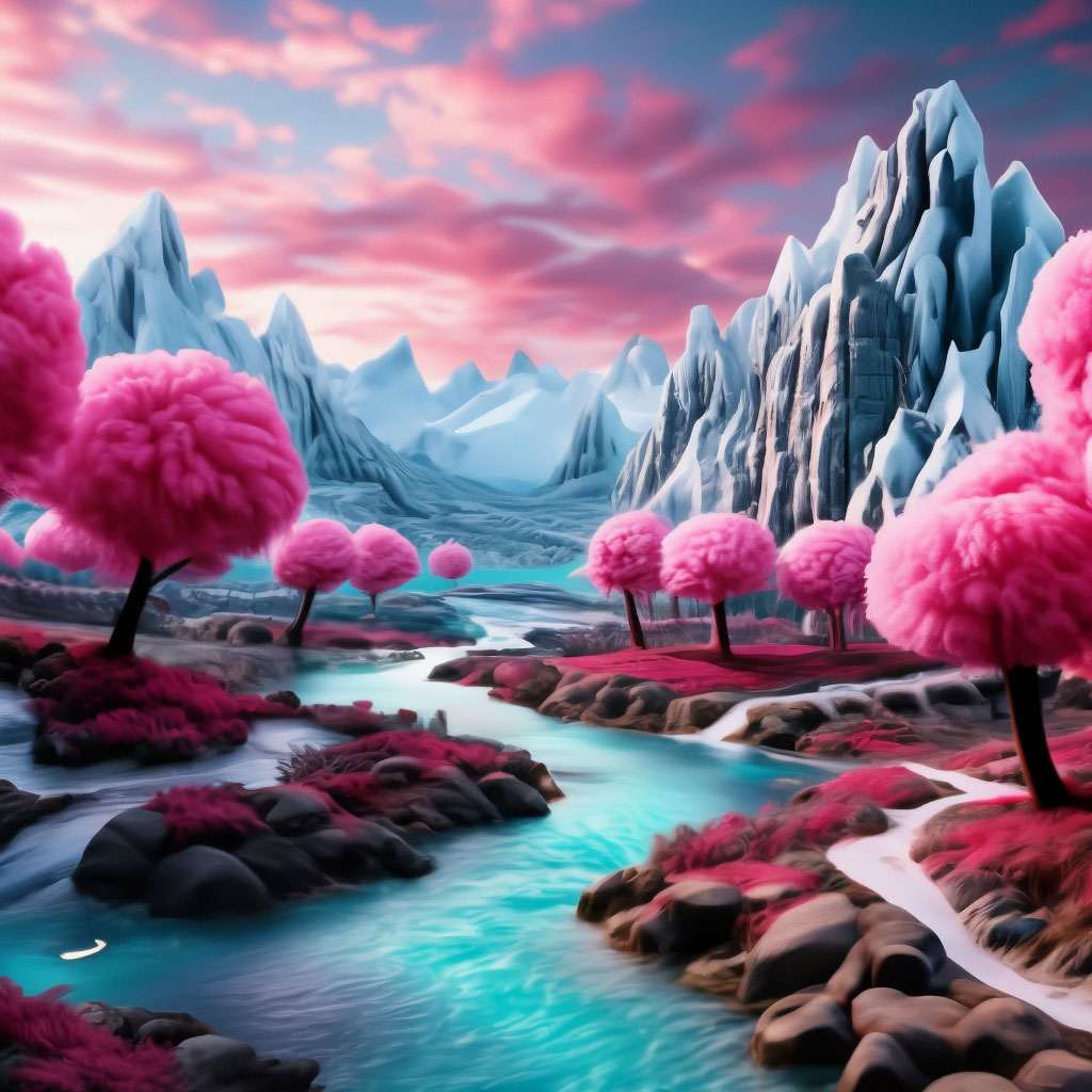"Fantasy landscape with ice cream hills and pink cotton candy trees ...