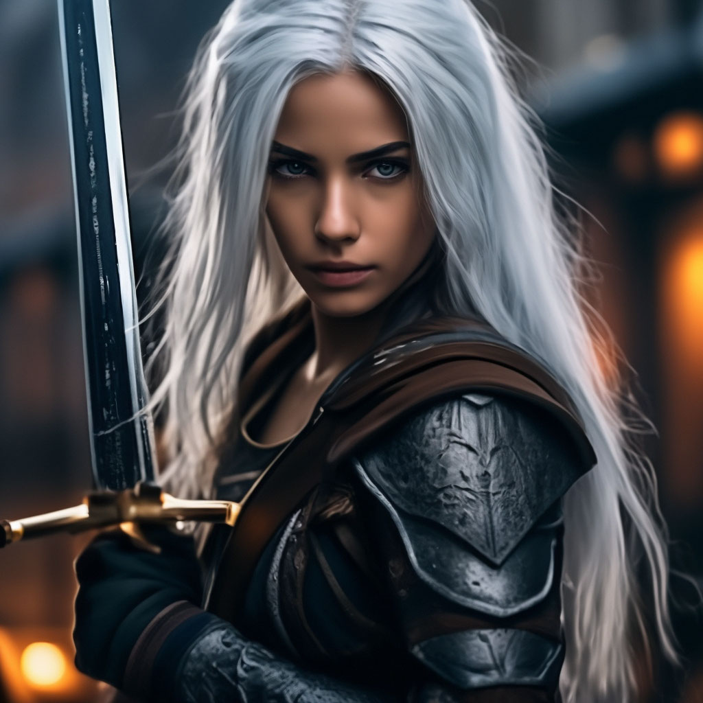 "A girl, white hair, a scar on her left cheek, a sword hilt is visible ...