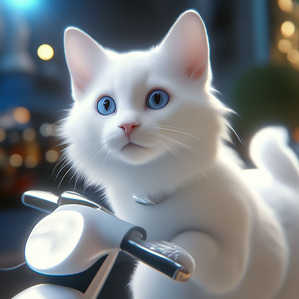 "Hyperrealism, beautiful white cat on a white scooter, white shimmer ...