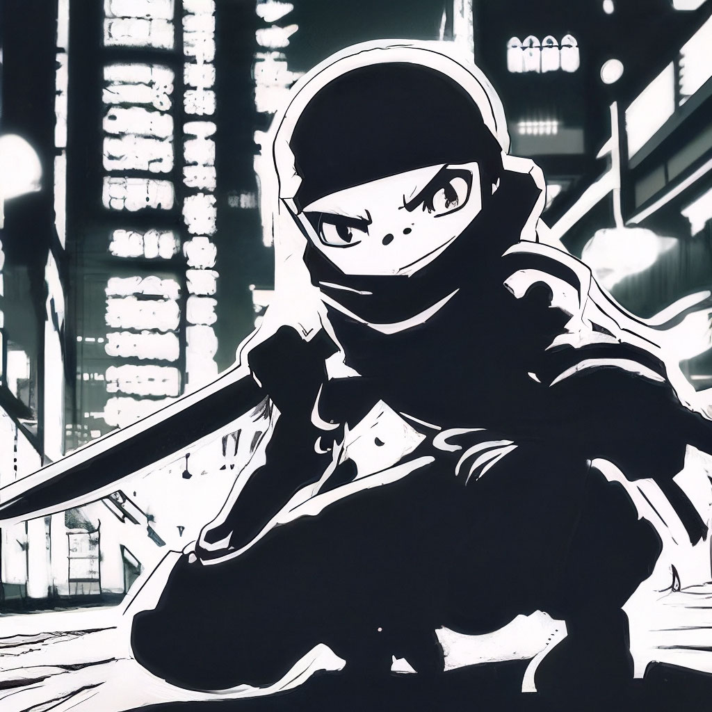 "Monochrome manga, cute ninja pepe stands cool on the street, manga ...