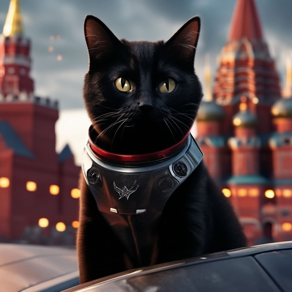 "Black cat conqueror of the galaxy, space cat, on red square" — image ...