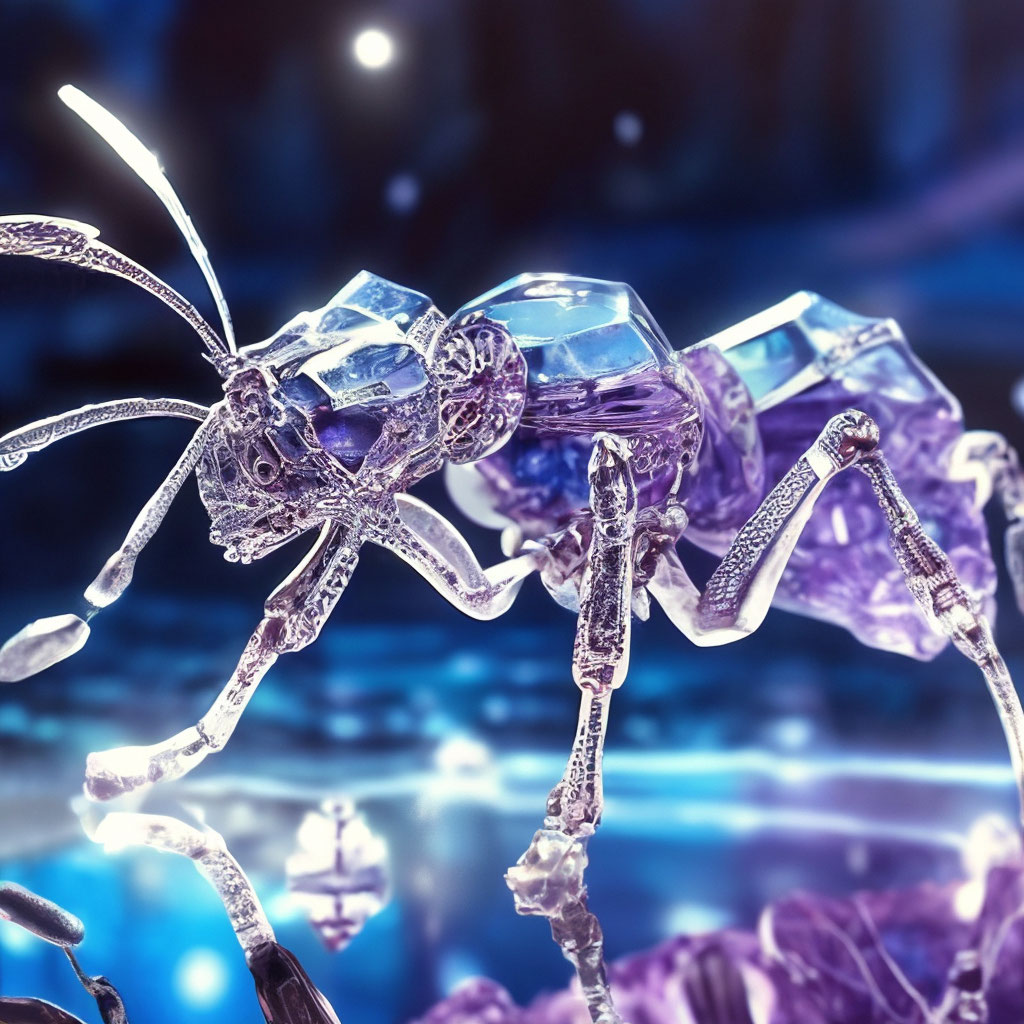 "A crystal ant in shoes on shiny blue and lilac ice. The ant sparkles ...