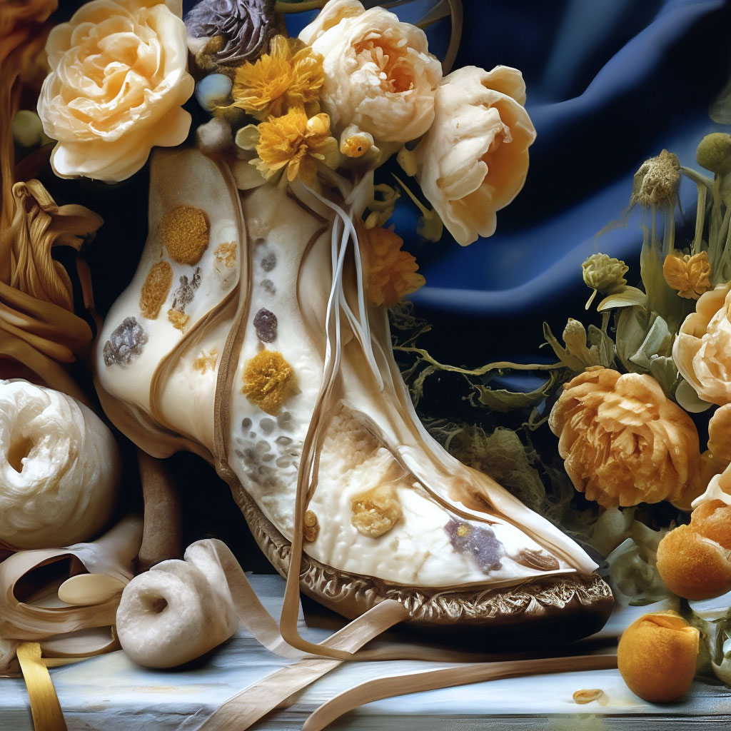 "Mottled still life: an old shoe (wool-dry felting) among flowers and ...