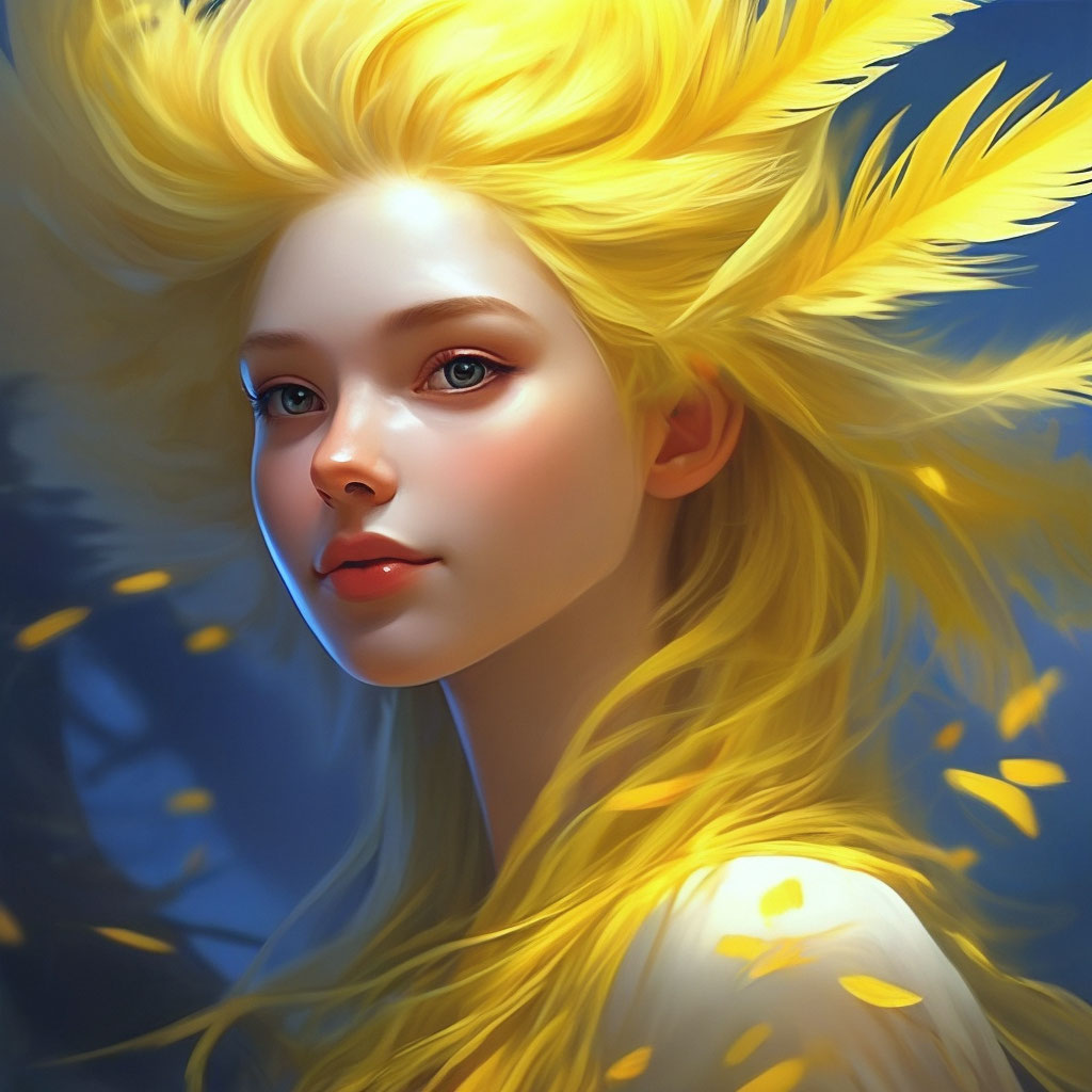 "beautiful girl with yellow hair among which feathers grow large and ...