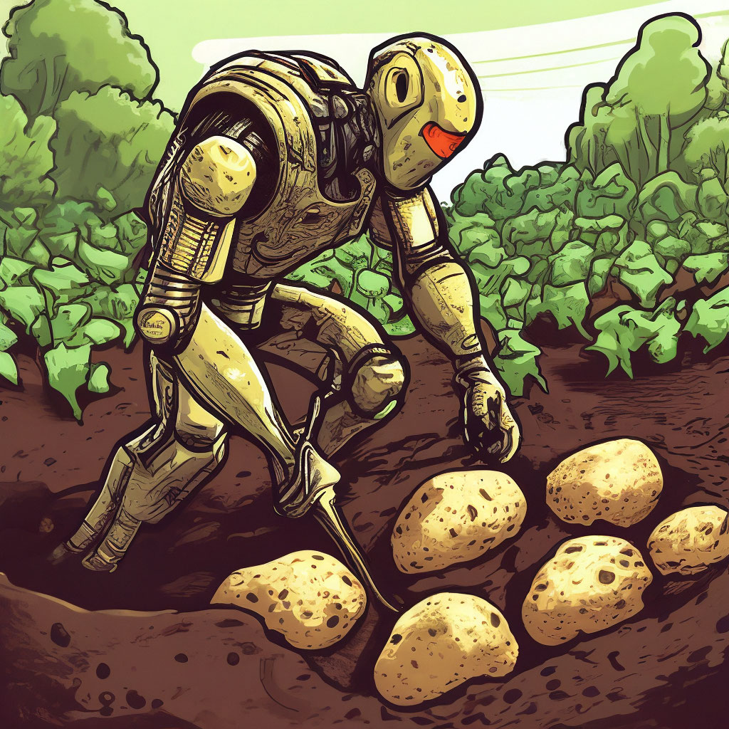"Humanoid digs potatoes in the garden comic." — image created in Shedevrum