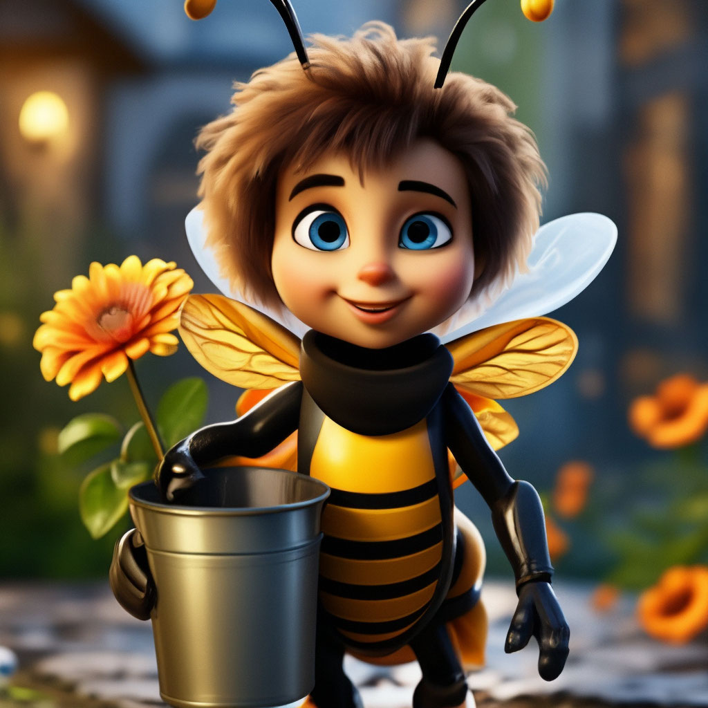 "Cartoon, beautiful bee with a bucket saw a beautiful bright flower ...