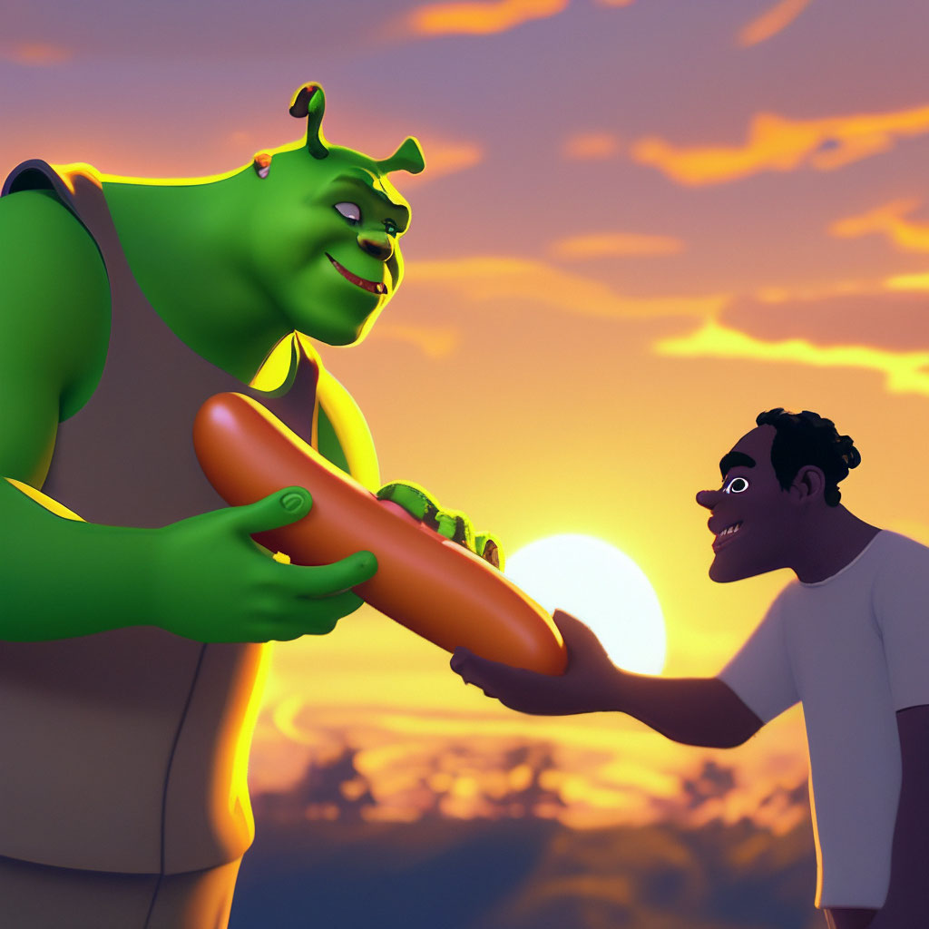 "Shrek tries to feed a black man a sausage" — image created in Shedevrum