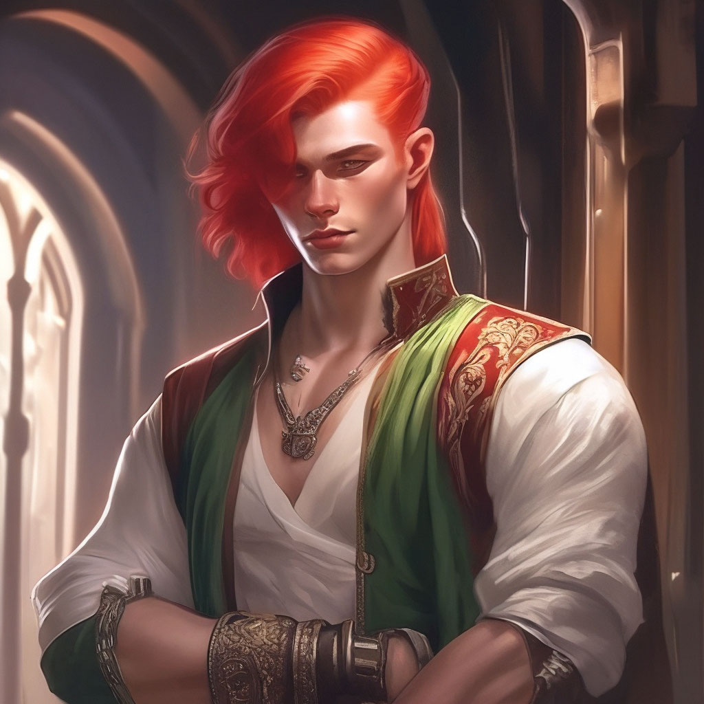 "Guy, red hair shaved on the sides, elf, heterochromia, muscles, in ...