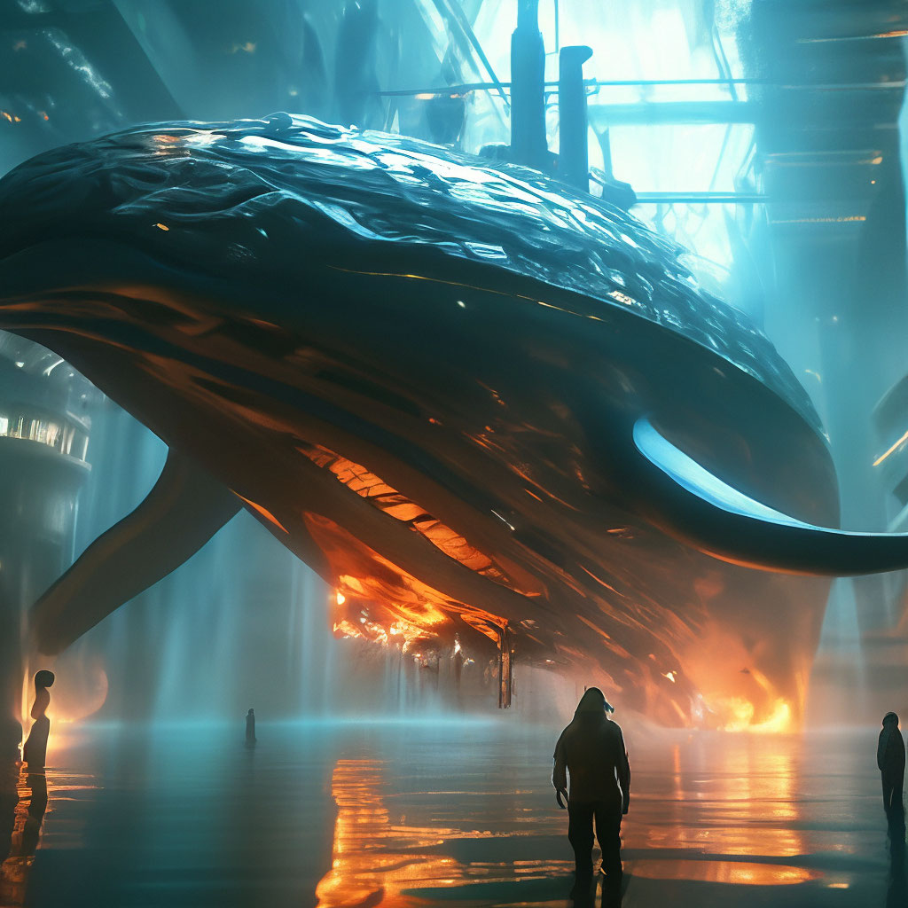 "The cyber whale of the future breathes fire under water, hyperrealism ...