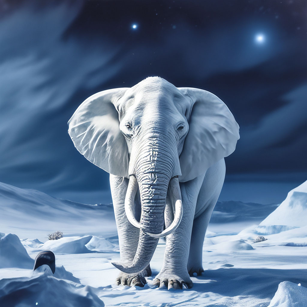"White, mutated elephant in antarctica, night background" — image ...