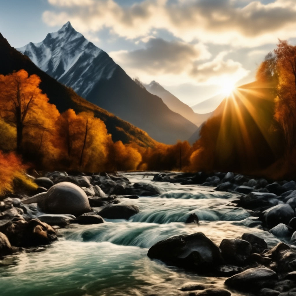 "Autumn landscape... mountains, sun, mountain river, soft light ...