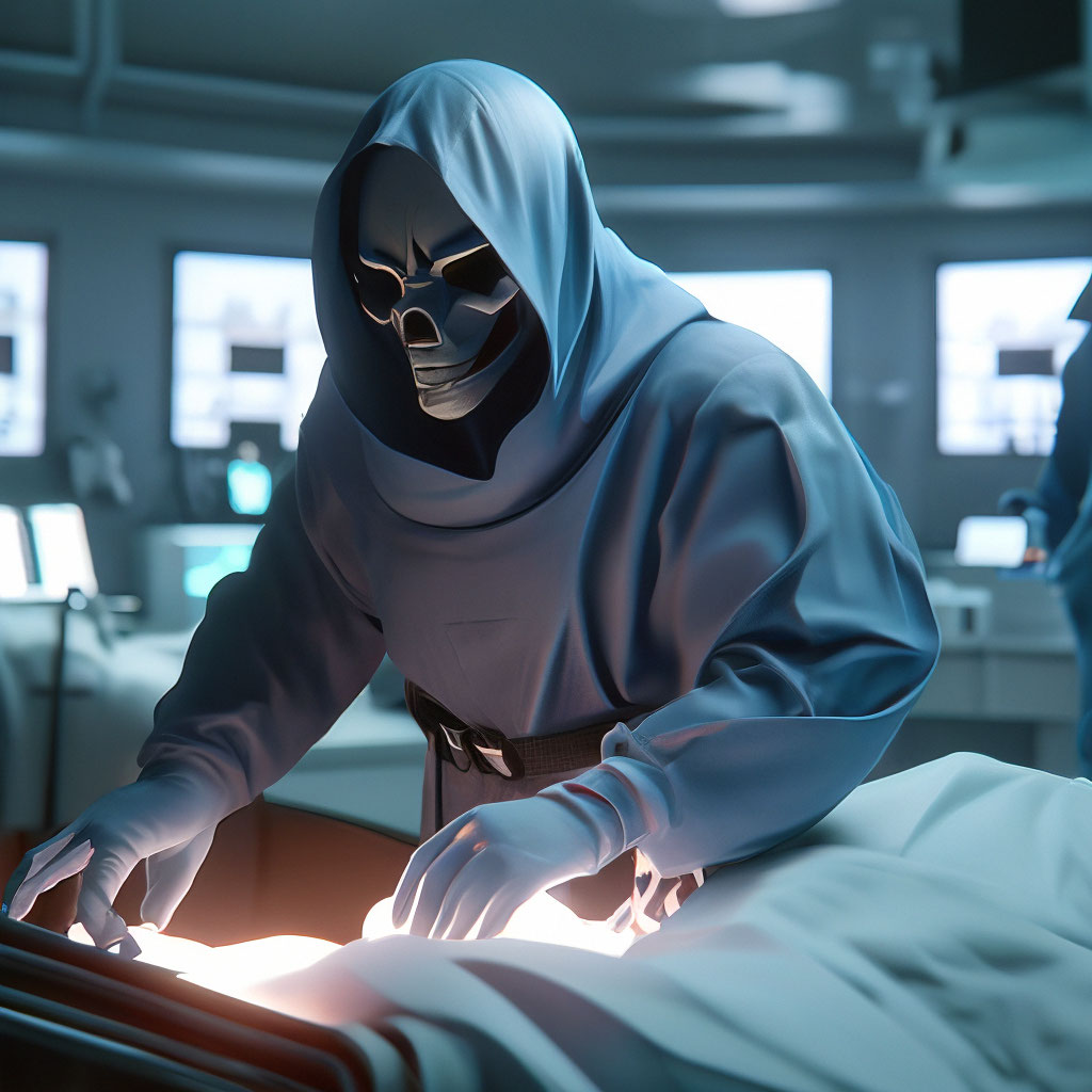 "Death in a hoodie, with a scythe, performs surgery on a person in the ...