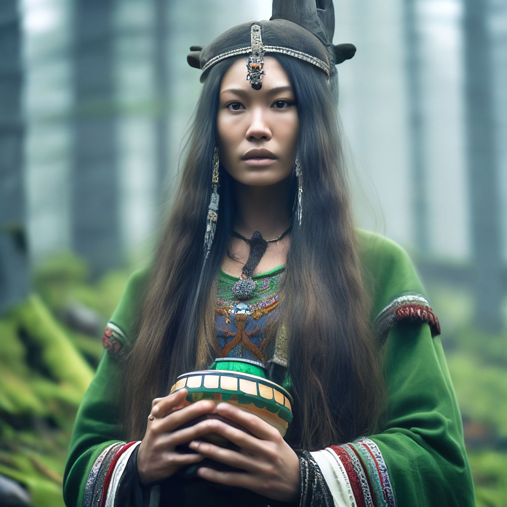 "Buryat female shaman in full height, young, long hair, large facial ...