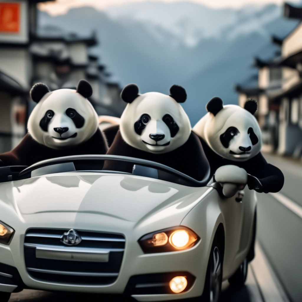"Routine. TO-45 three pandas ride in a panda-shaped car to a building ...