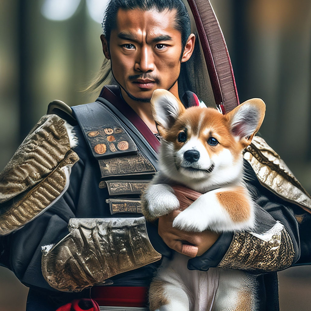 "Samurai warrior powerful, strong, brutal holds a corgi puppy in his ...