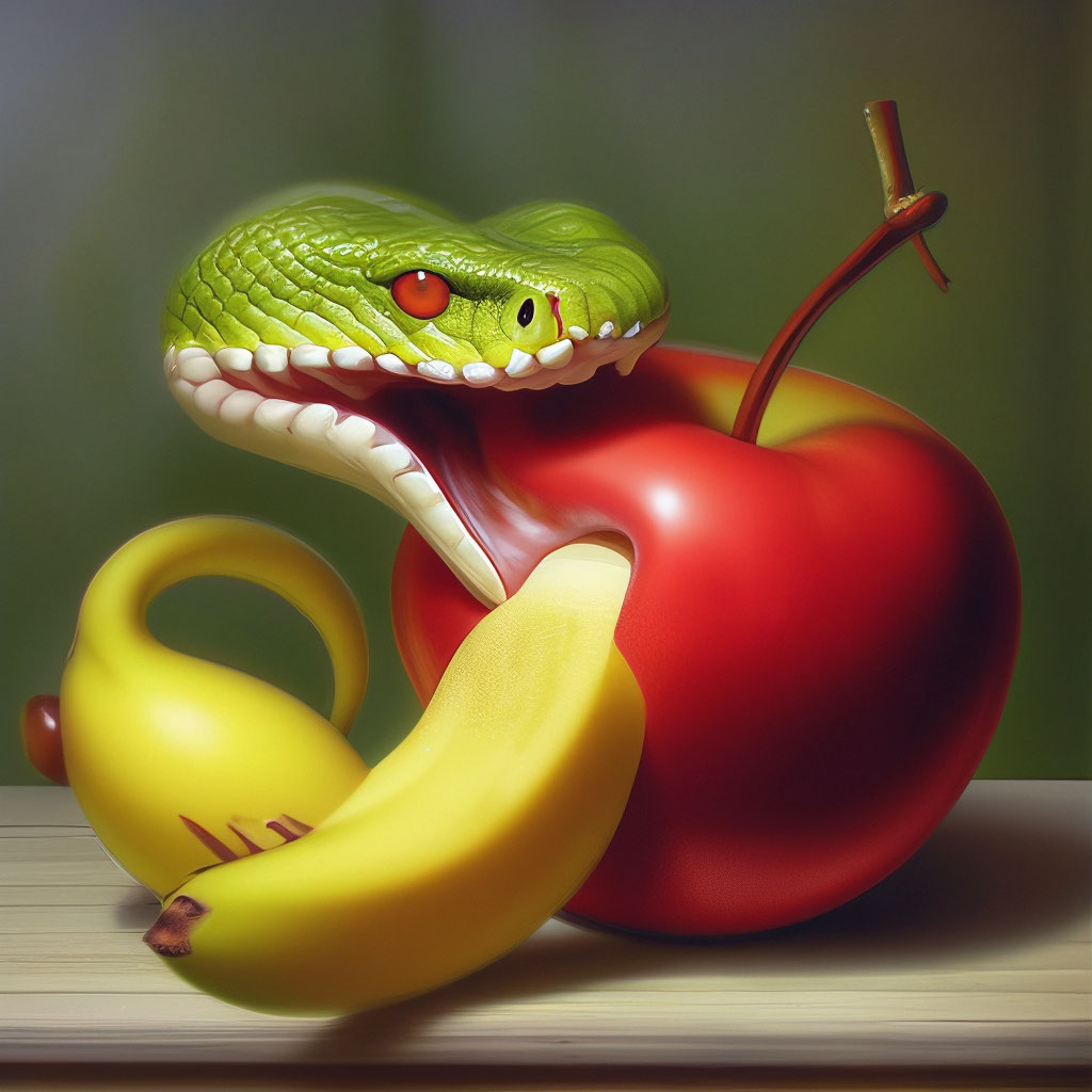 "Snake apple bites banana" — image created in Shedevrum