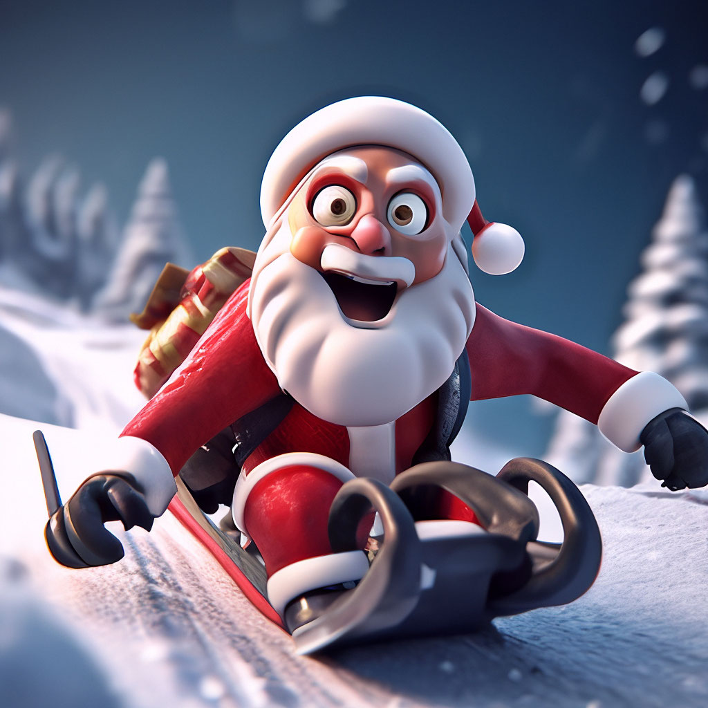 "Creepy, funny, bug-eyed Santa Claus sledding, funny scared face, funny ...