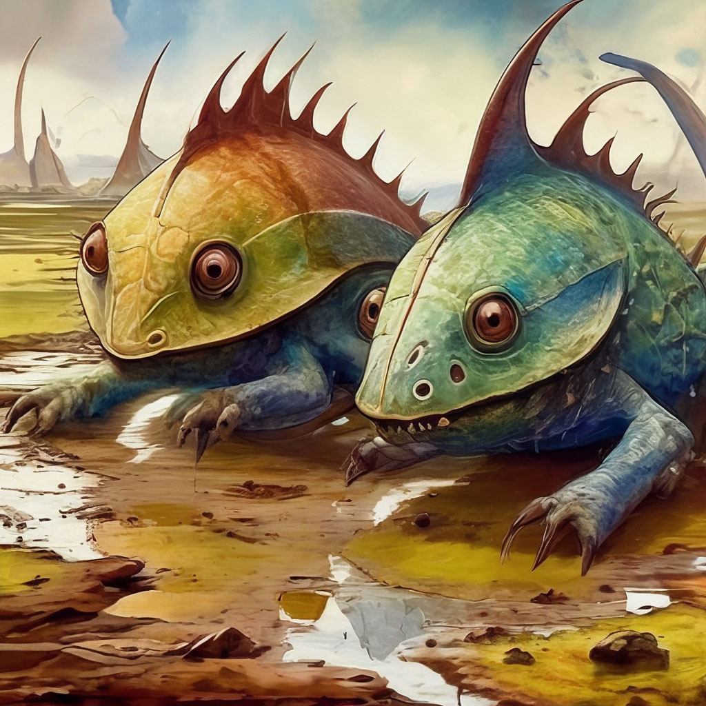 ". Two cute scaly creatures tumbling in the mud in a landscape on an ...