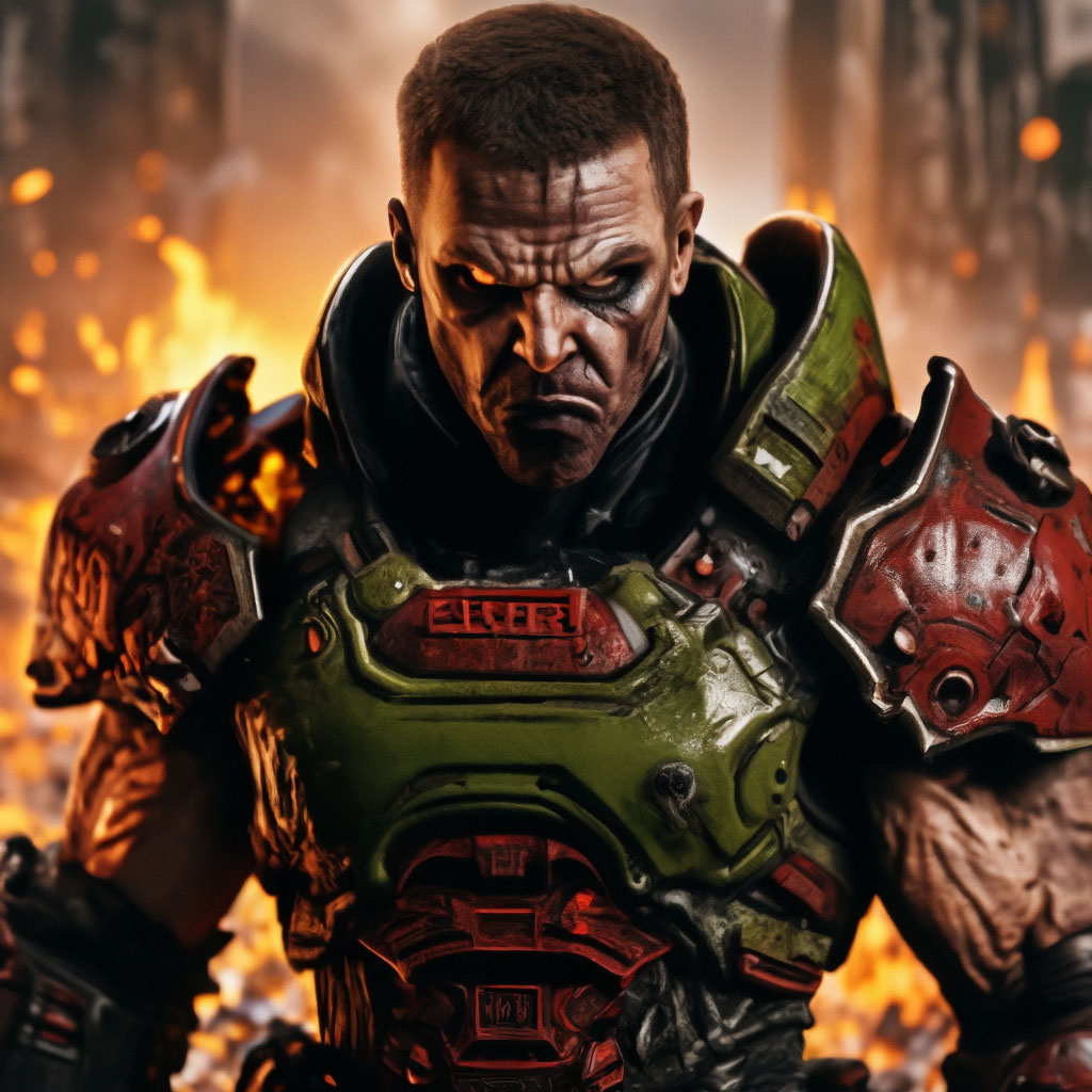 "Zombie-doomslayer in hell" — image created in Shedevrum