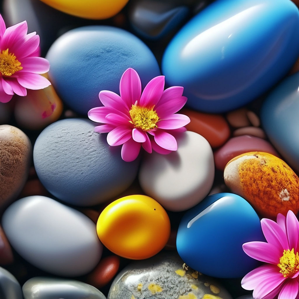 "Colorful pebbles, flowers, beautiful, realistic, 4k, professional ...
