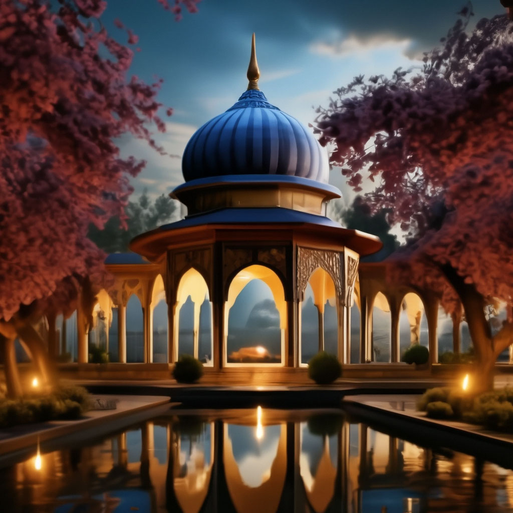 "Night. A garden with a gazebo and fruit trees in the palace of the ...