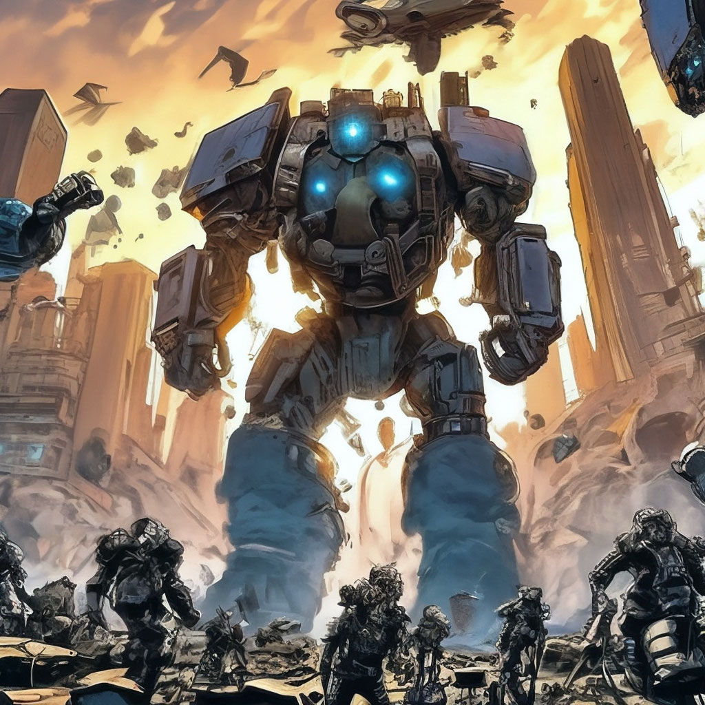 "A cheerful company of robots, smash the city, hold in their hands who ...