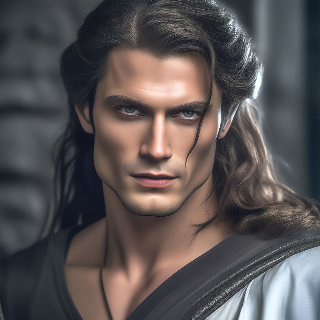 "Witcher, hyperrealistic, dream man, 30 years old, model appearance ...