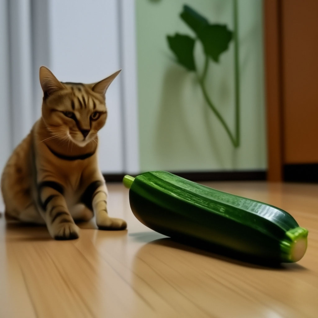 "Zucchini and a cat do yoga" — image created in Shedevrum