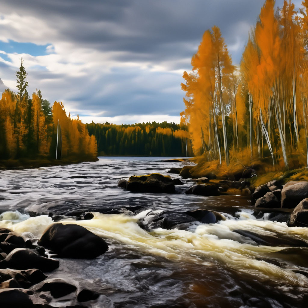 "Autumn forest, Pines, alder, aspens, mountain ash, Vuoksa river, deep ...