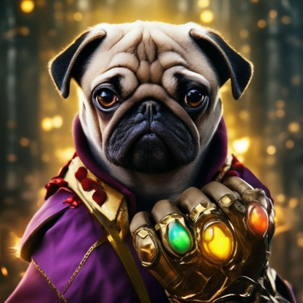 "Pug in Joker Makeup, Infinity Gauntlet from Marvel" — image created in ...