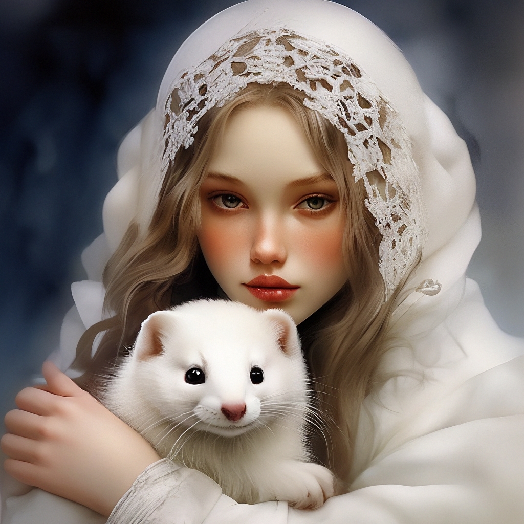 "A real white fluffy weasel wrapped its tail around a girl's neck, a ...