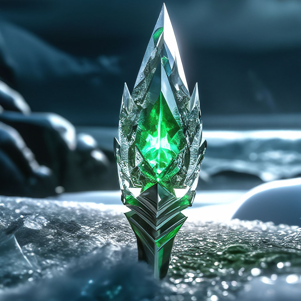 "An epic crystal dagger with the sea glowing inside, green, ice, snow ...