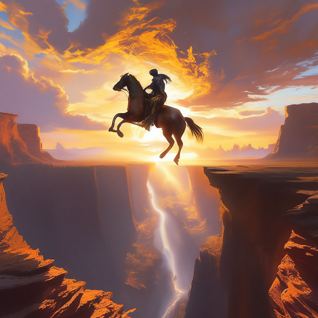 "A man in cowboy clothes is hanging in the air sitting on a horse ...