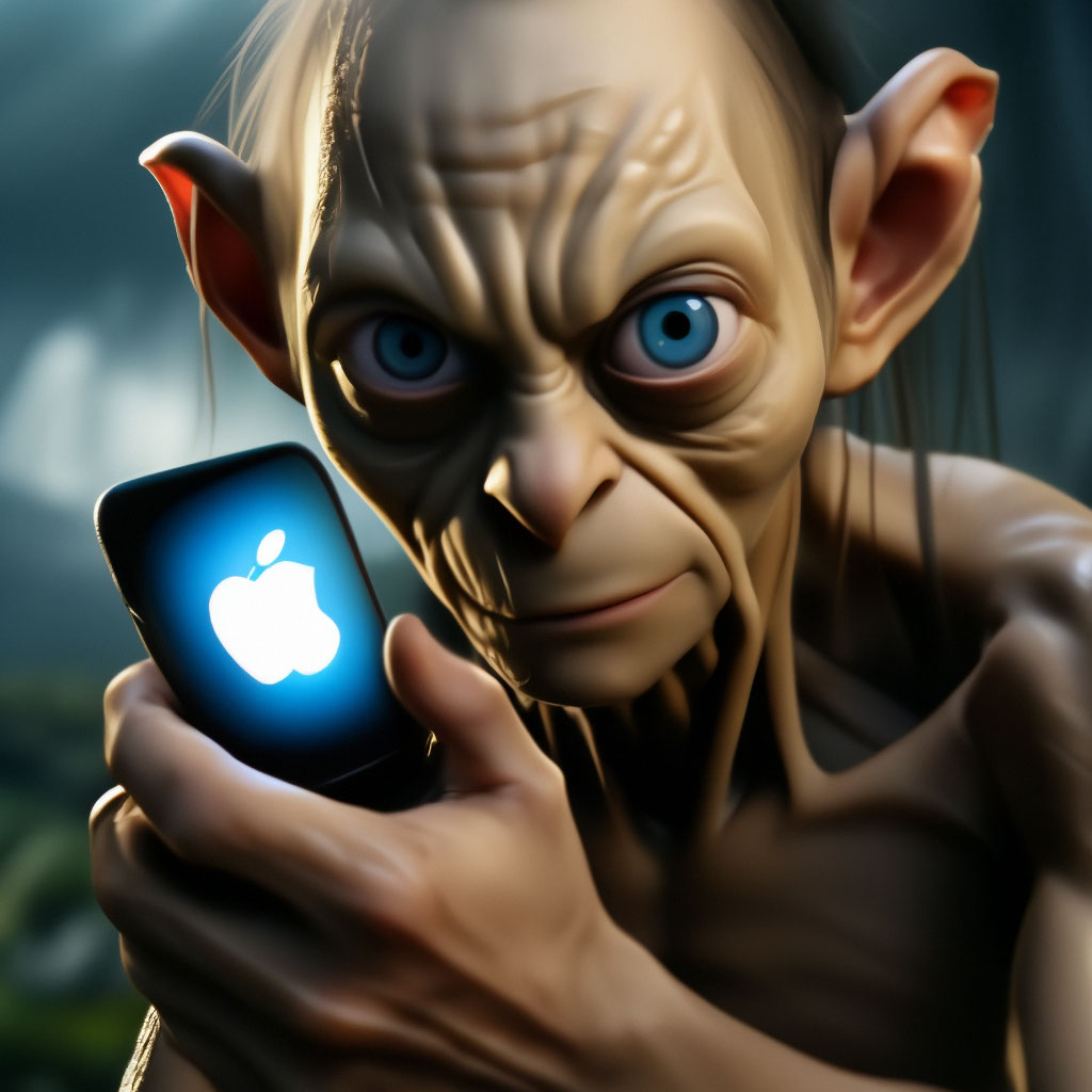 "My darling! the Apple logo glows on the iPhone, side view, Gollum ...
