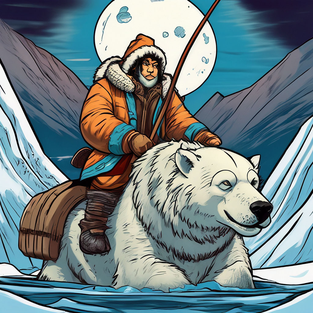 "An Eskimo in a jacket with a fur hood sits astride a polar bear in the ...
