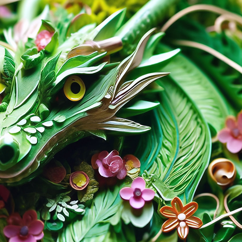 "Green dragon, brightly floral quilling+body art , scales, jewelry ...