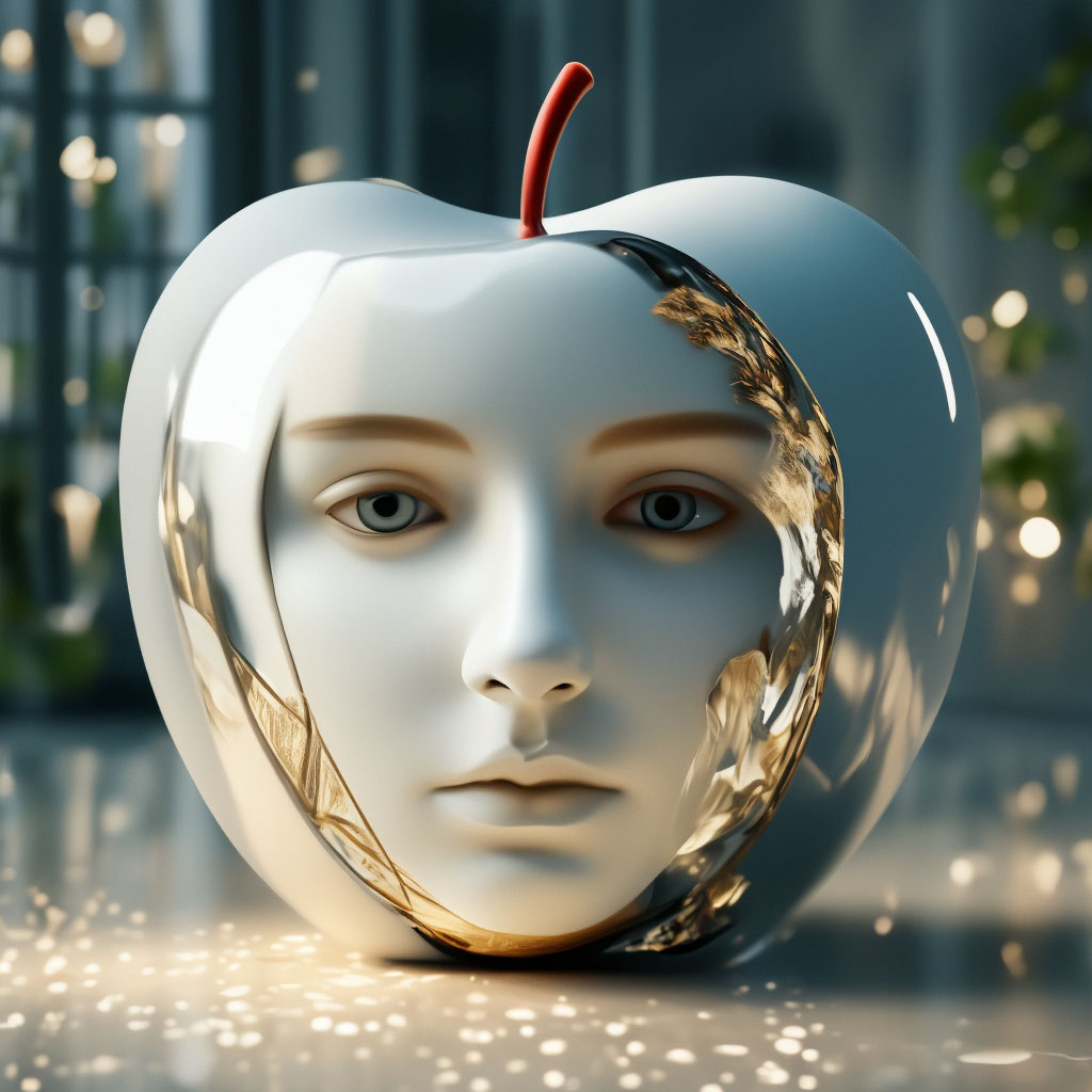 "3D white big apple, empty inside, space filled with a face with ...
