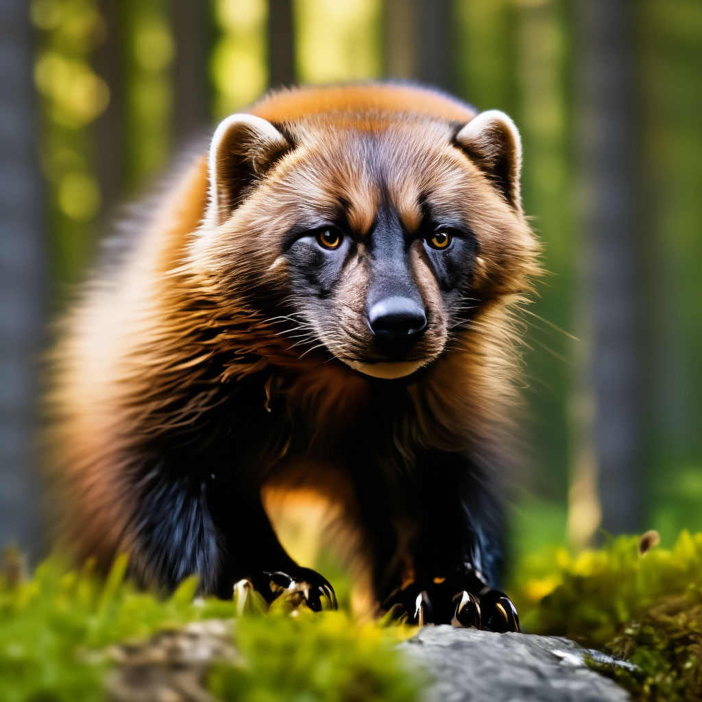 "Wolverine on a coniferous forest background, sunny day ...
