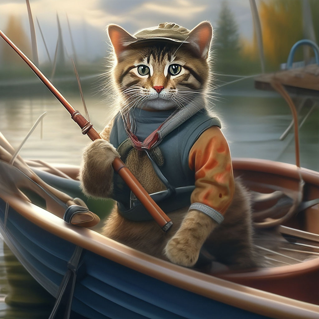 "A fisherman cat with a fishing rod in a boat, photo realism, spinning ...