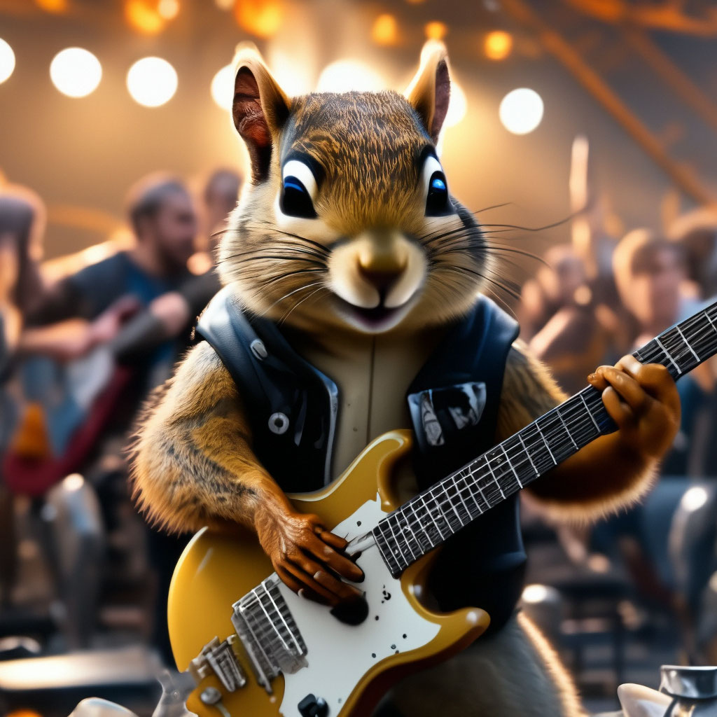 "A squirrel in an oversize at a pop-rock concert. Photorealism, high ...