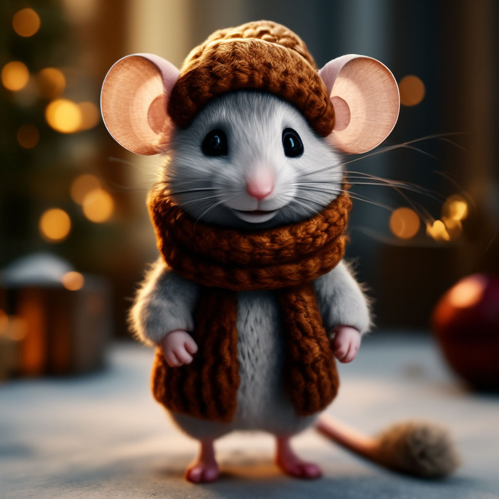 "Shy and cute little mouse, very small, in a hat, scarf and slippers ...