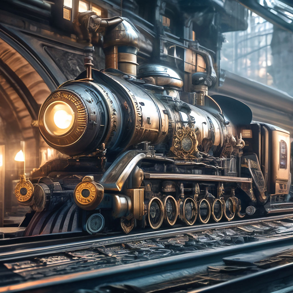 "A steampunk-style train station. in the foreground is a steampunk ...
