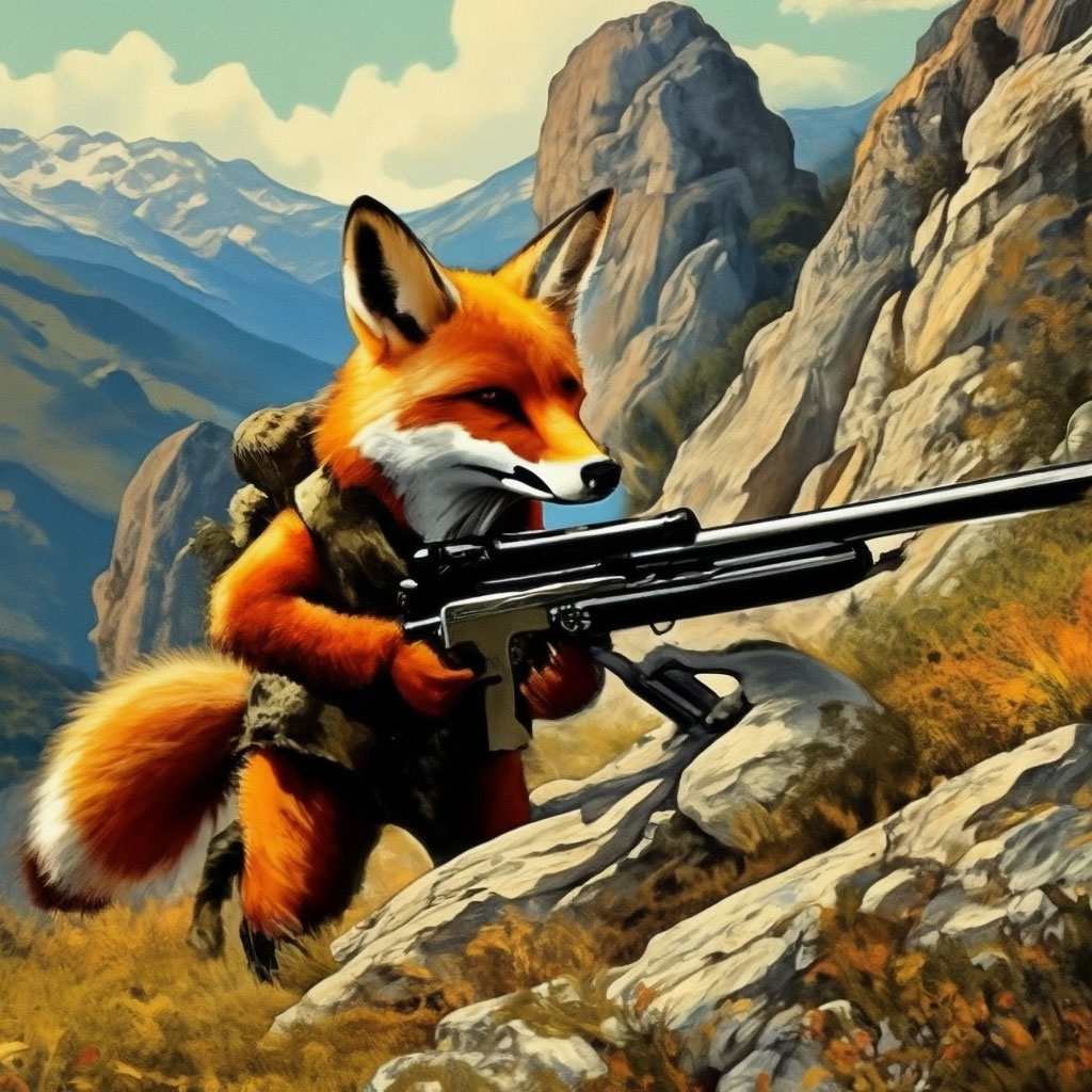 "Fox sniper, mountains in the distance, rare bushes, rocks" — image ...
