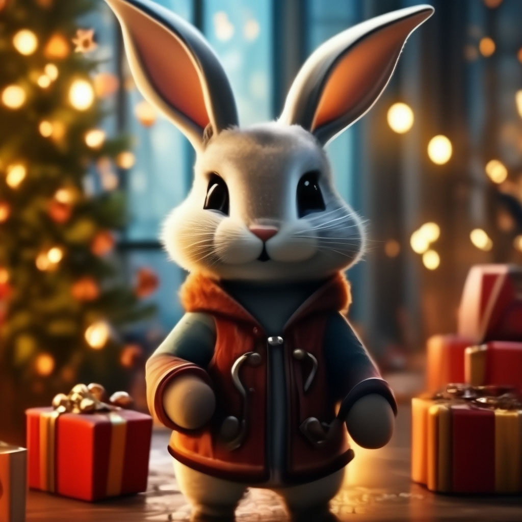 "A cute bunny looks at the fireworks, an epic Christmas tree, many ...
