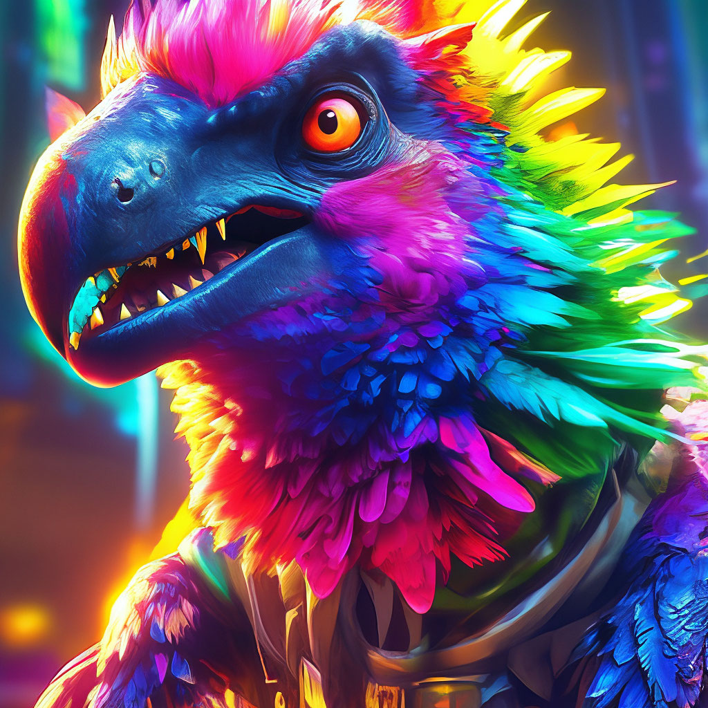"Anthropomorphic dinosaur in the image of a rainbow parrot, cinematic ...